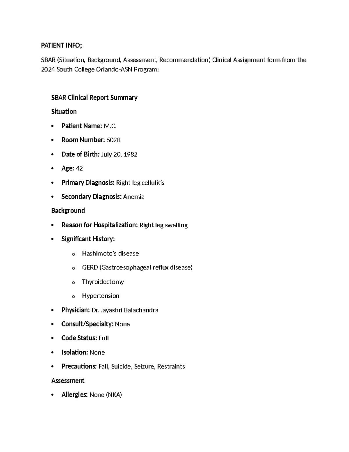 SBAR Clinical Assignment: Patient M.C. (Room 5028) Summary - Studocu