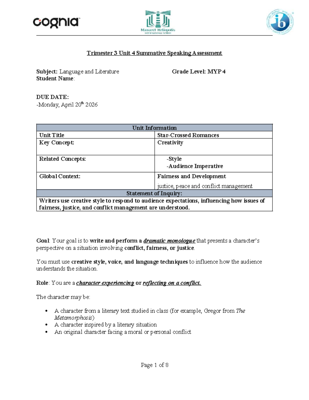 T3 U4 Summative Speaking Assessment: Dramatic Monologue Guide - Studocu
