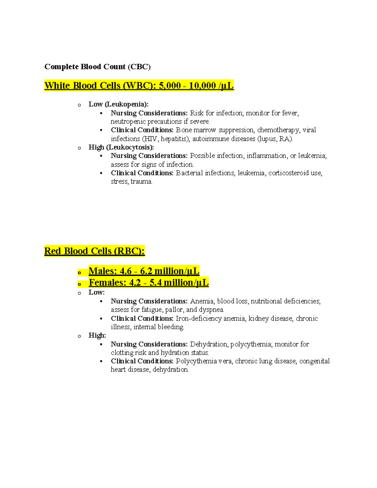 Labs - LPN Course Book Answer Bank: CBC, WBC, RBC, Hgb, Hct, Platelets ...