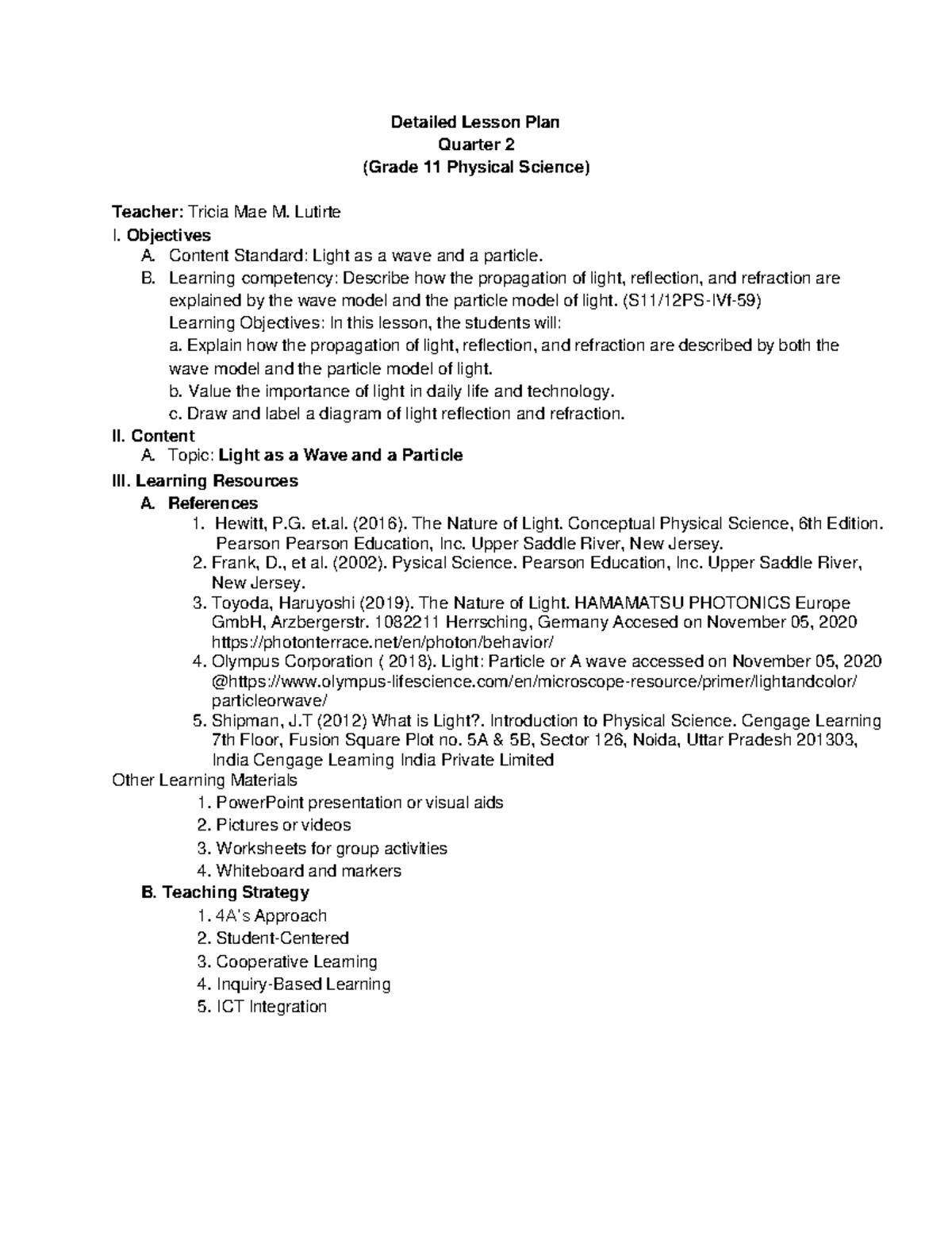 Lesson Plan: Light as a Wave and a Particle (Grade 11 Physical Science ...