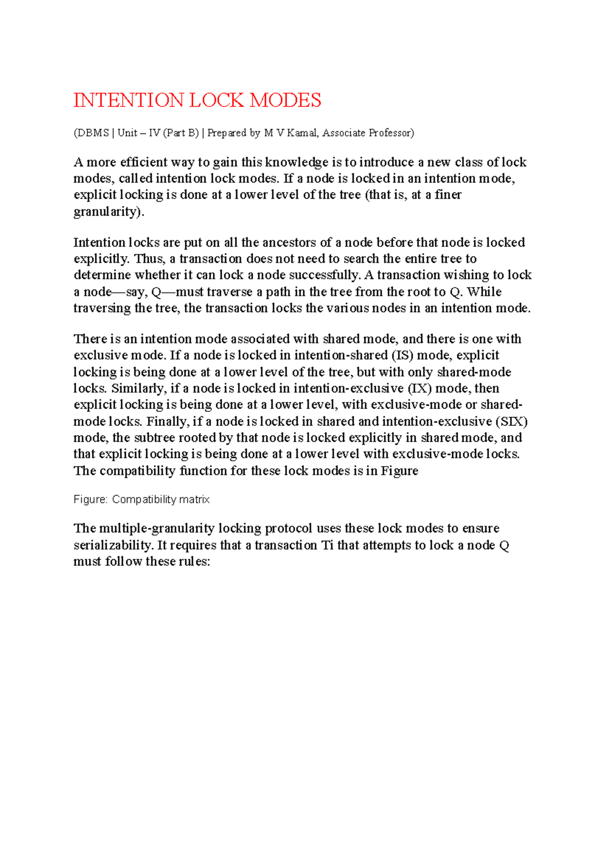 Intention LOCK Modes - INTENTION LOCK MODES (DBMS | Unit – IV (Part B ...