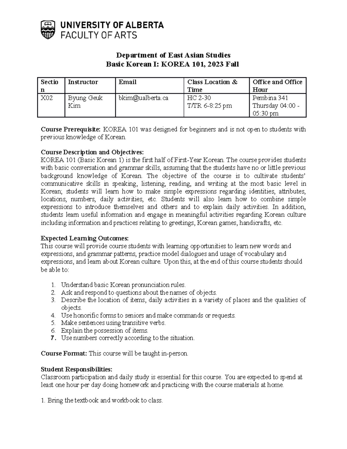 KOREA 101-X02 Fall 2023 Syllabus for Basic Korean I Course - Studocu
