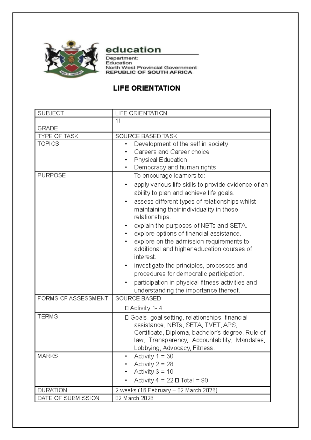 Grade 11 Life Orientation T1 Source-Based Assessment Task 2026 - Studocu