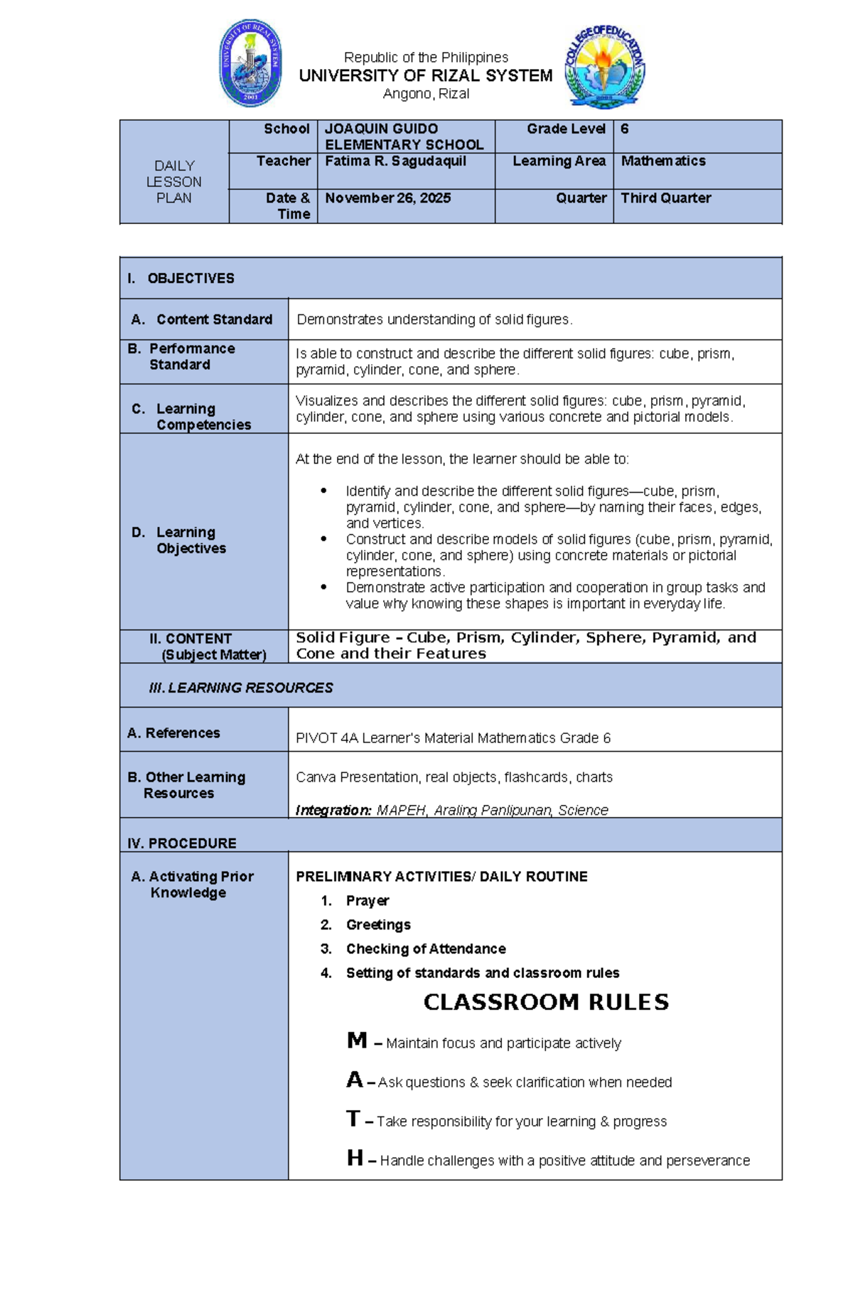 MATH 20 Final Lesson Plan on Solid Figures for Grade 6 - Studocu