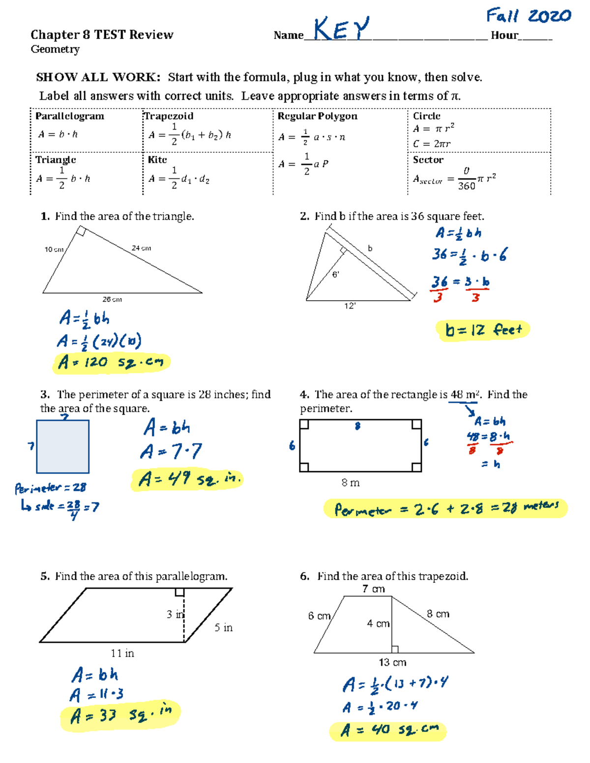 Fall 2020 KEY Chapter 8 Geometry Test Review - Show All Work - Studocu