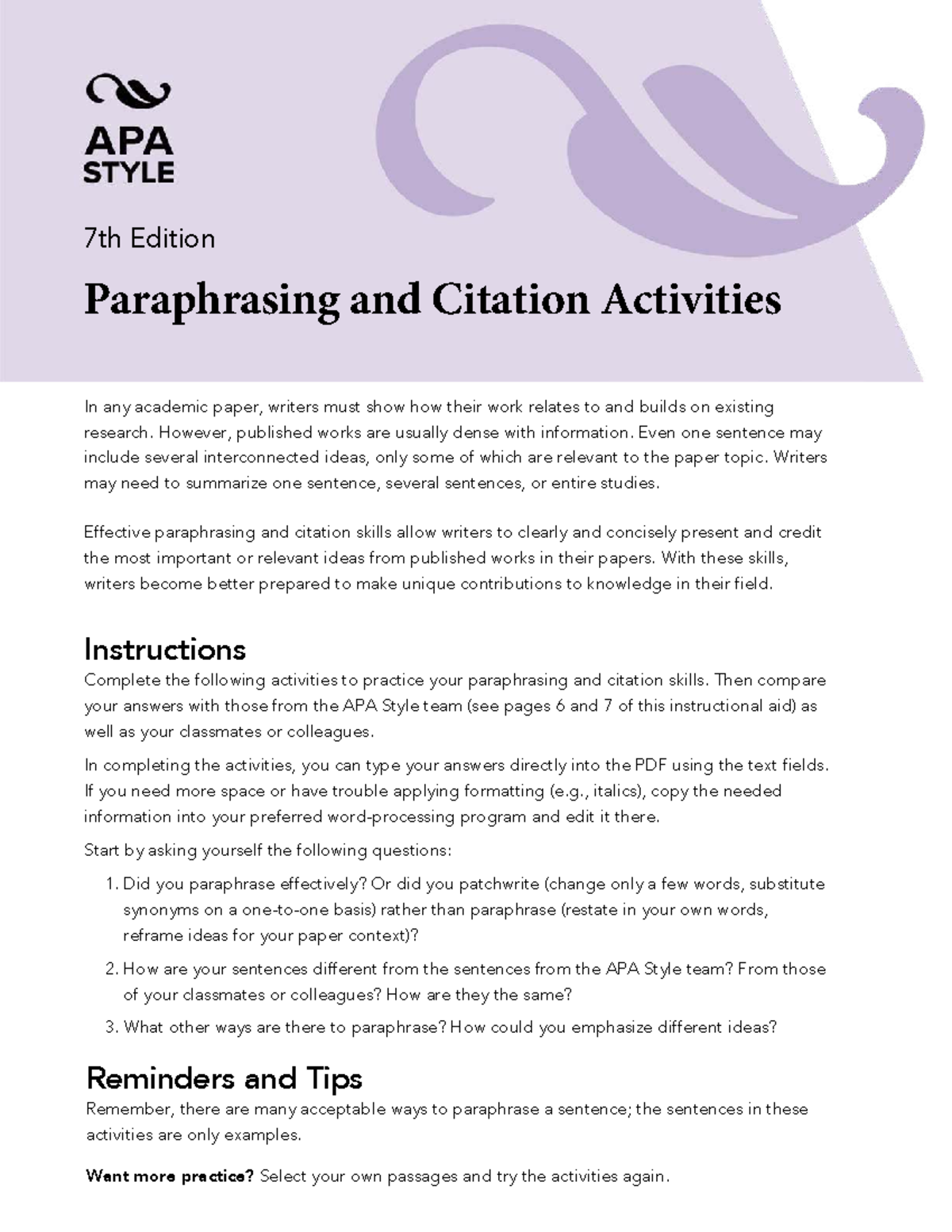 APA Paraphrasing & Citation Activities: 7th Edition Guide - Studocu