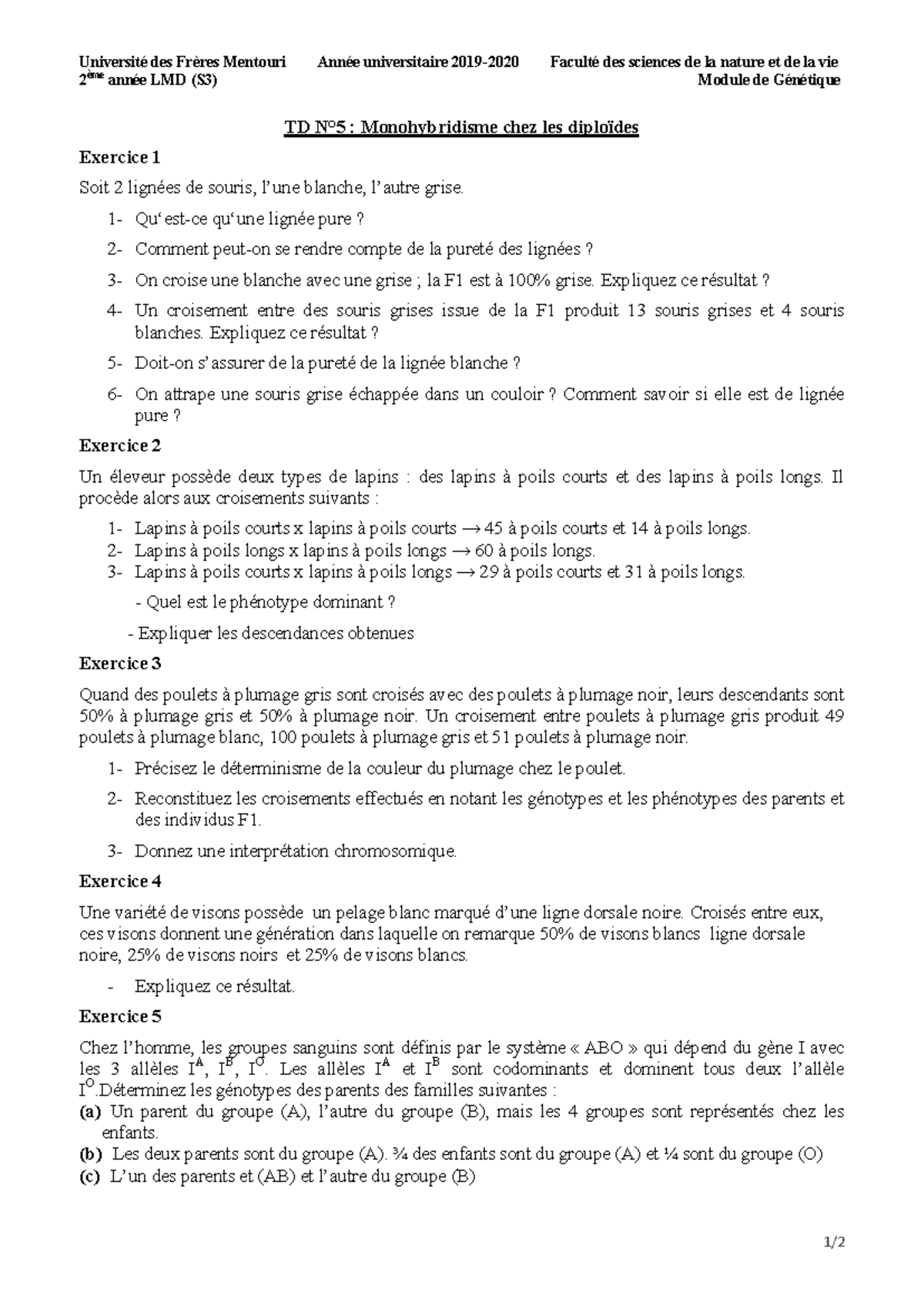 TD N°5 Génétique : Monohybridisme et Croisements (2019-2020) - Studocu