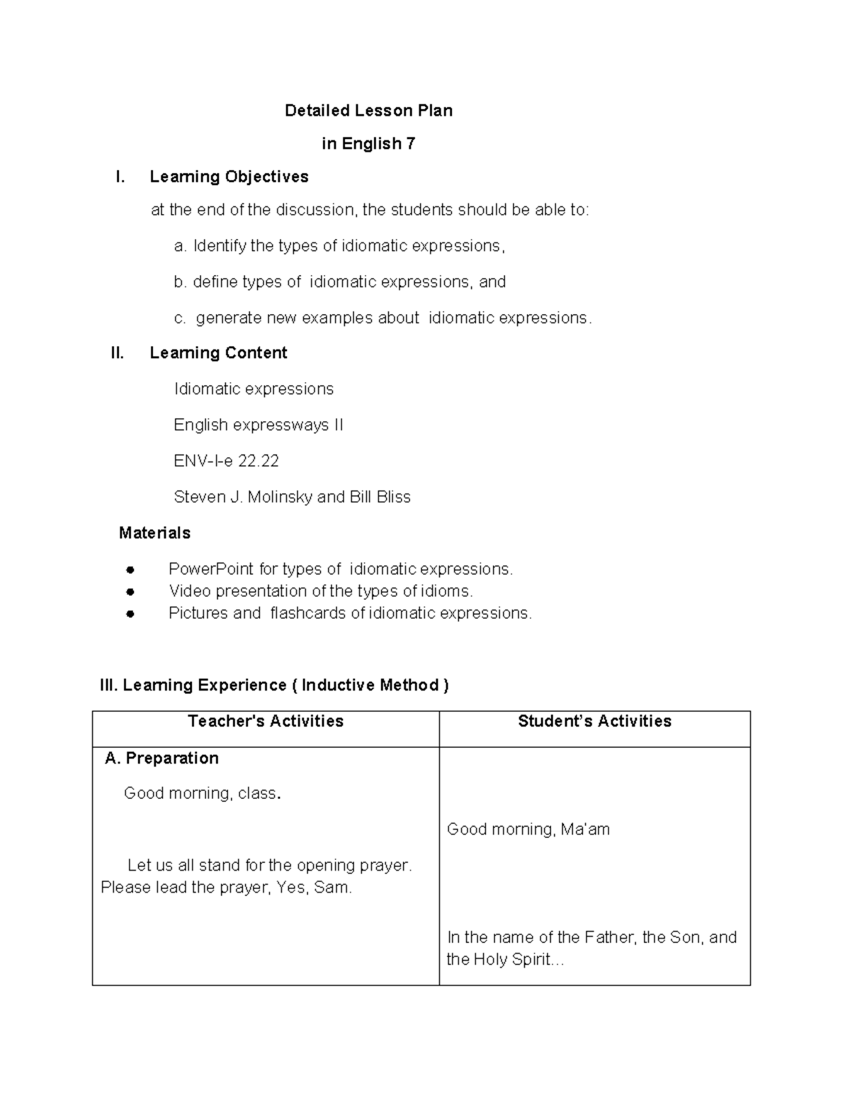 Detailed Lesson Plan - None - Detailed Lesson Plan in English 7 I ...