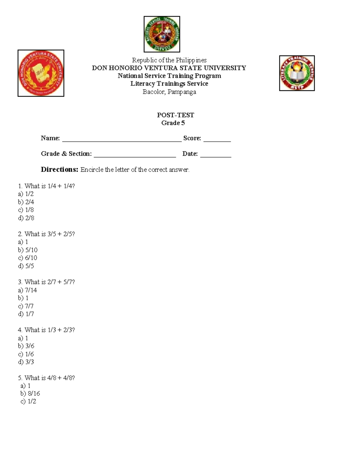 Grade 5 Pretest - Republic of the Philippines DON HONORIO VENTURA STATE ...