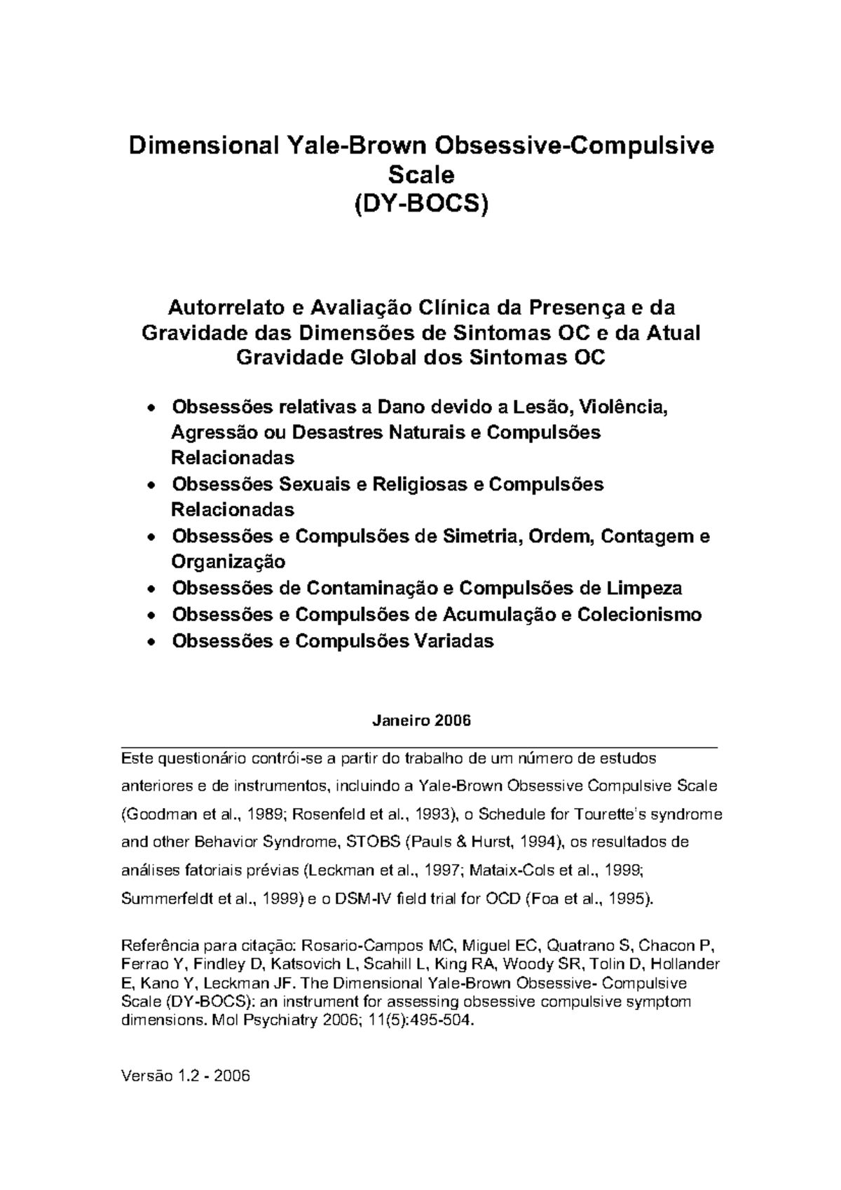 Dimensional Yale-Brown Obsessive-Compulsive Scale (DY-BOCS) - Versão 1.2 - Studocu