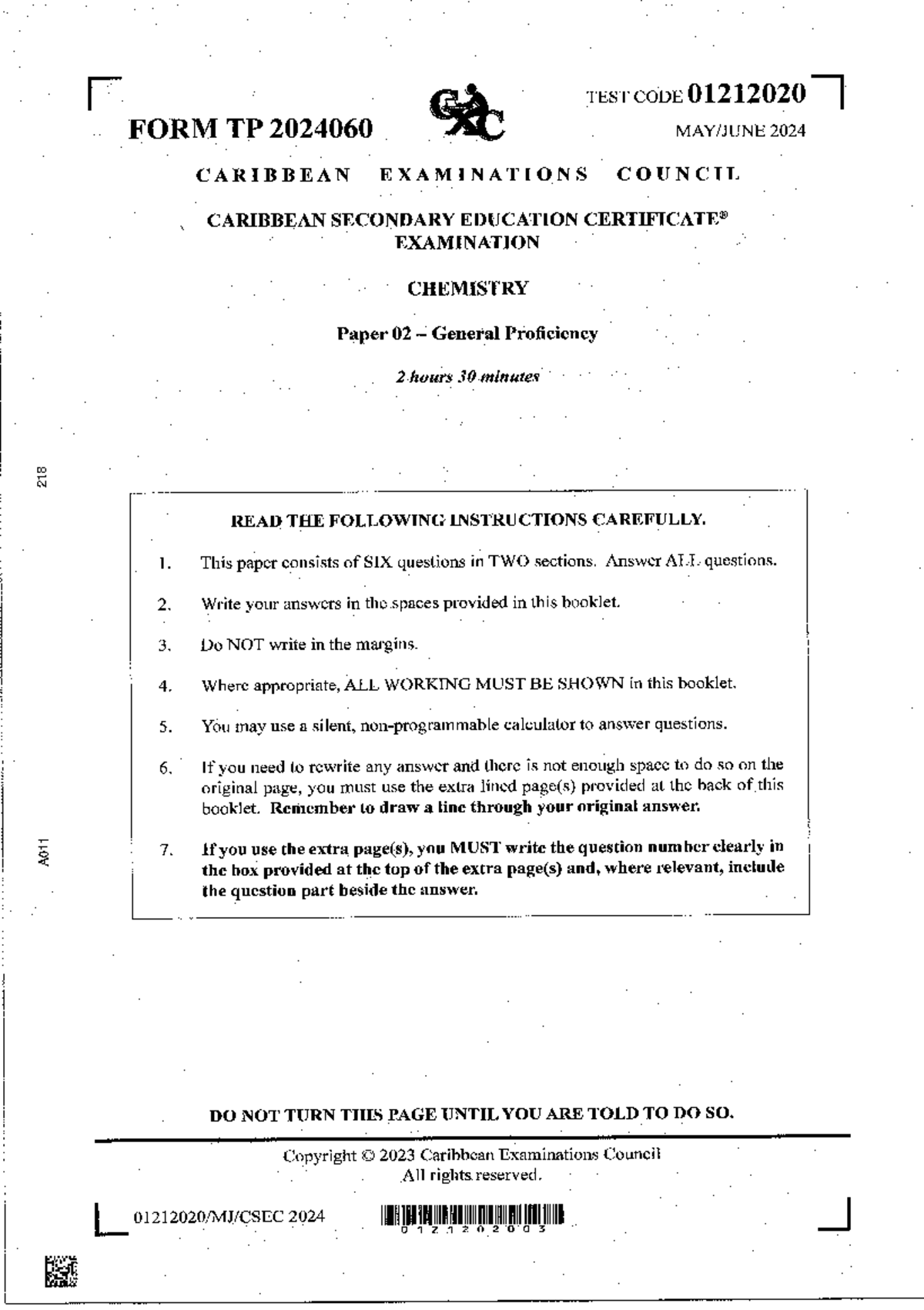 CSEC Chemistry June 2024 Paper 02 Exam Guide - Studocu