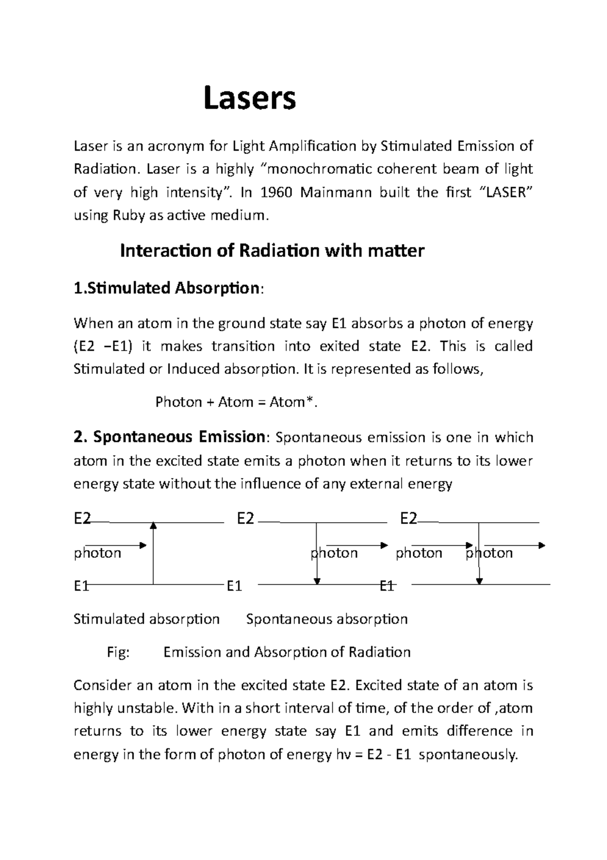 Lasers , Interaction of Radiation with Matter - Lasers Laser is an ...