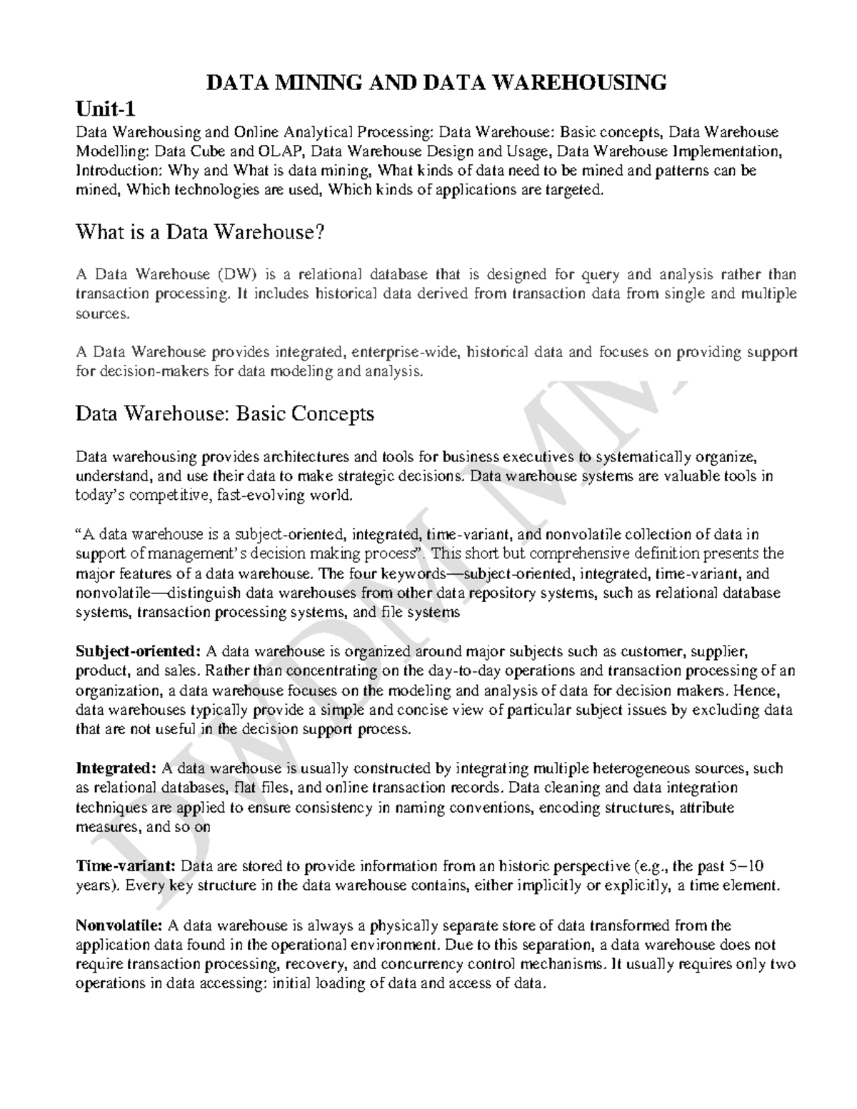 DWDM-UNIT-1 R20 - Data mining - DATA MINING AND DATA WAREHOUSING Unit- 1 Data Warehousing and ...