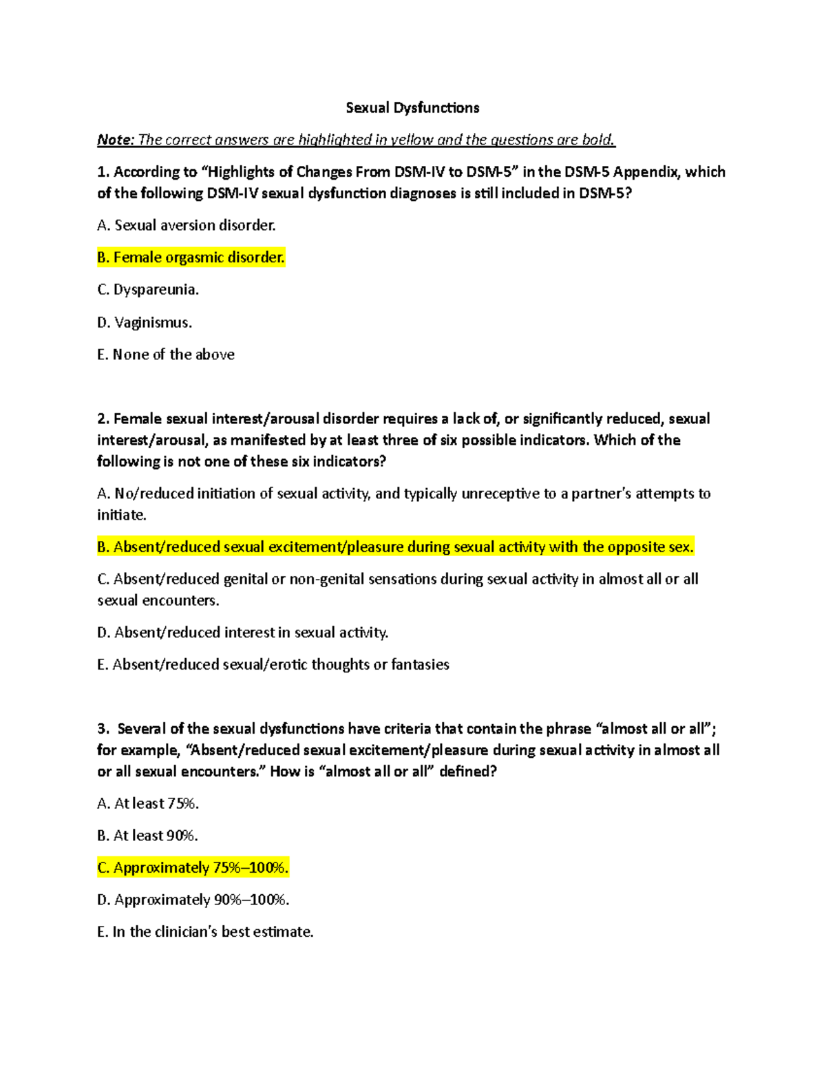 Test Questions for DSM-5 Sexual Dysfunctions (Exam Prep) - Studocu