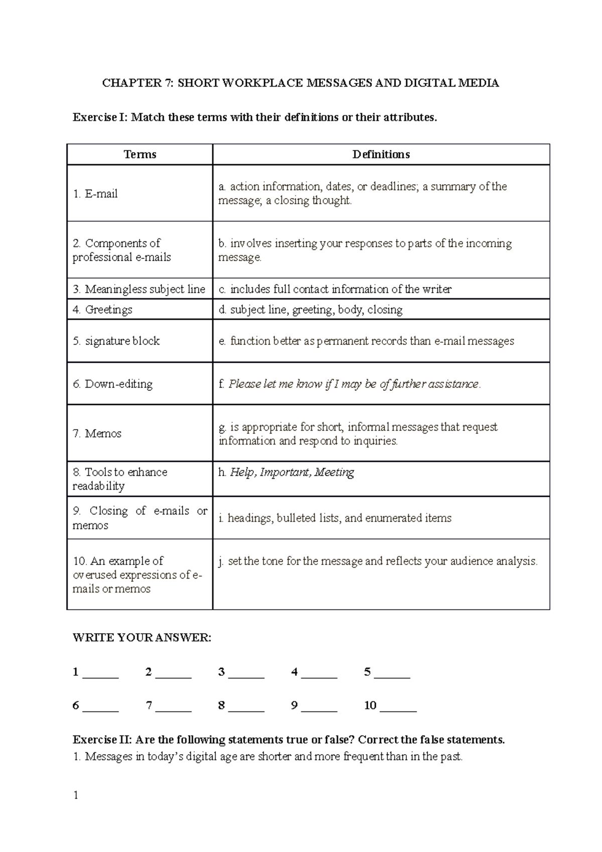 Chapter 7 - Assignment - CHAPTER 7: SHORT WORKPLACE MESSAGES AND ...