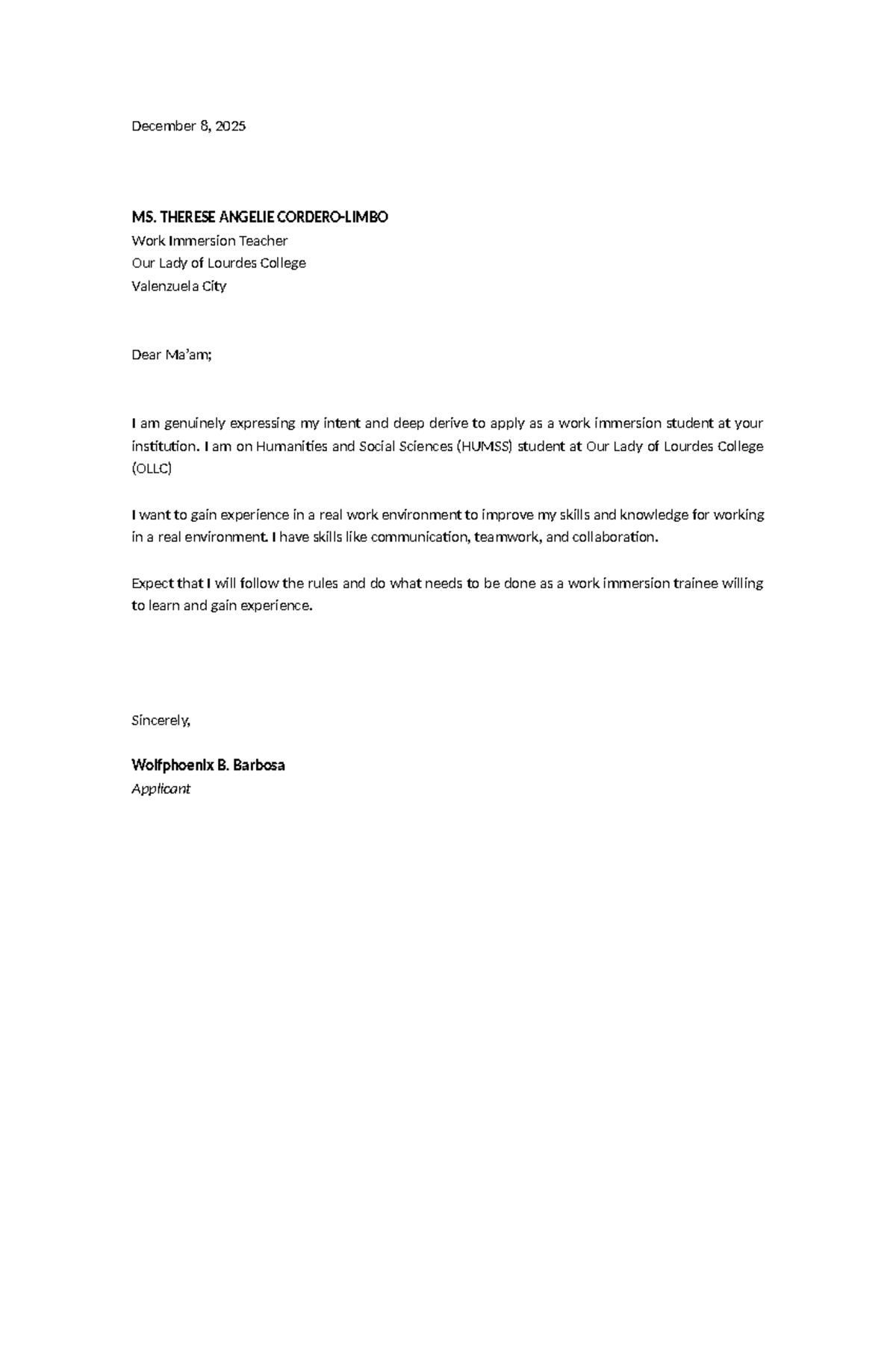 Application Letter for Work Immersion - HUMSS Program - Studocu
