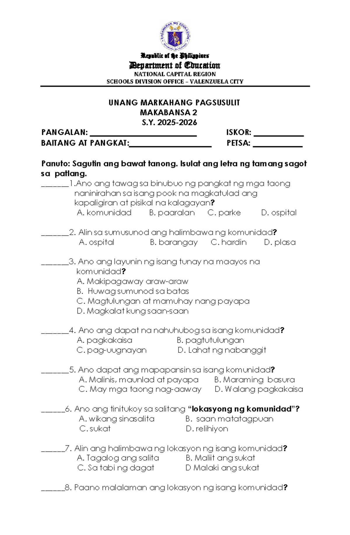 Grade 2 Makabansa 2 First Periodical Test - Final Exam - Studocu