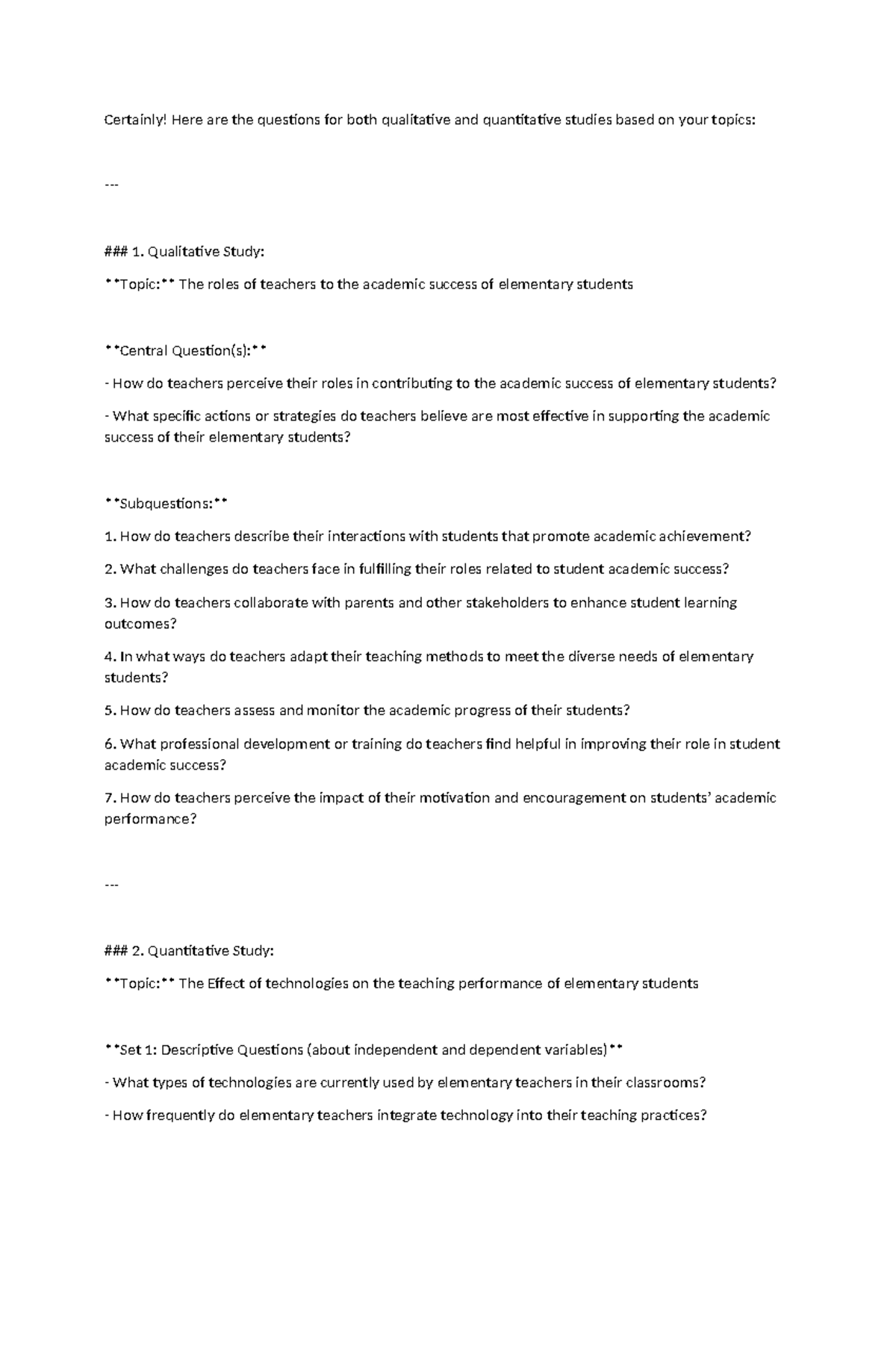 Ed Res - Draft of Qual & Quant Research Questions on Teaching Roles ...