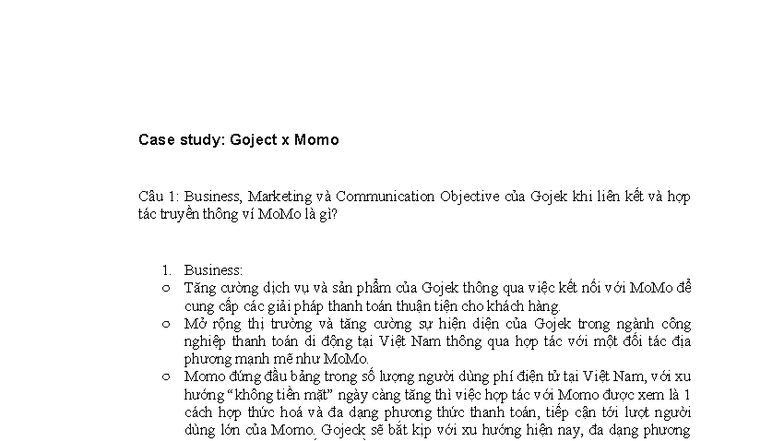 Case Study: Gojek x MoMo - Marketing & Communication Objectives - Studocu