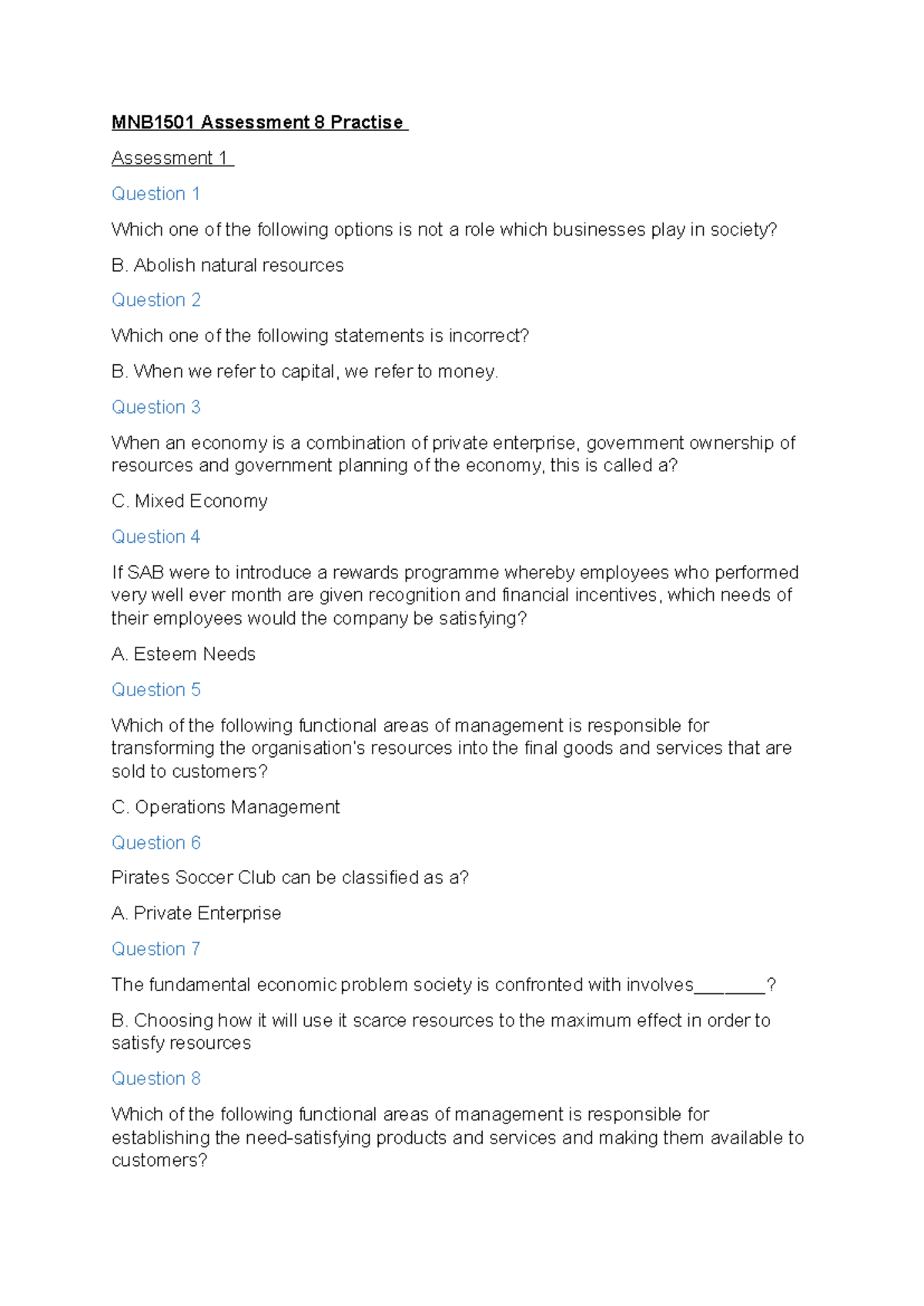 MNB1501 Assessment 8 Practice Questions and Answers Guide - Studocu