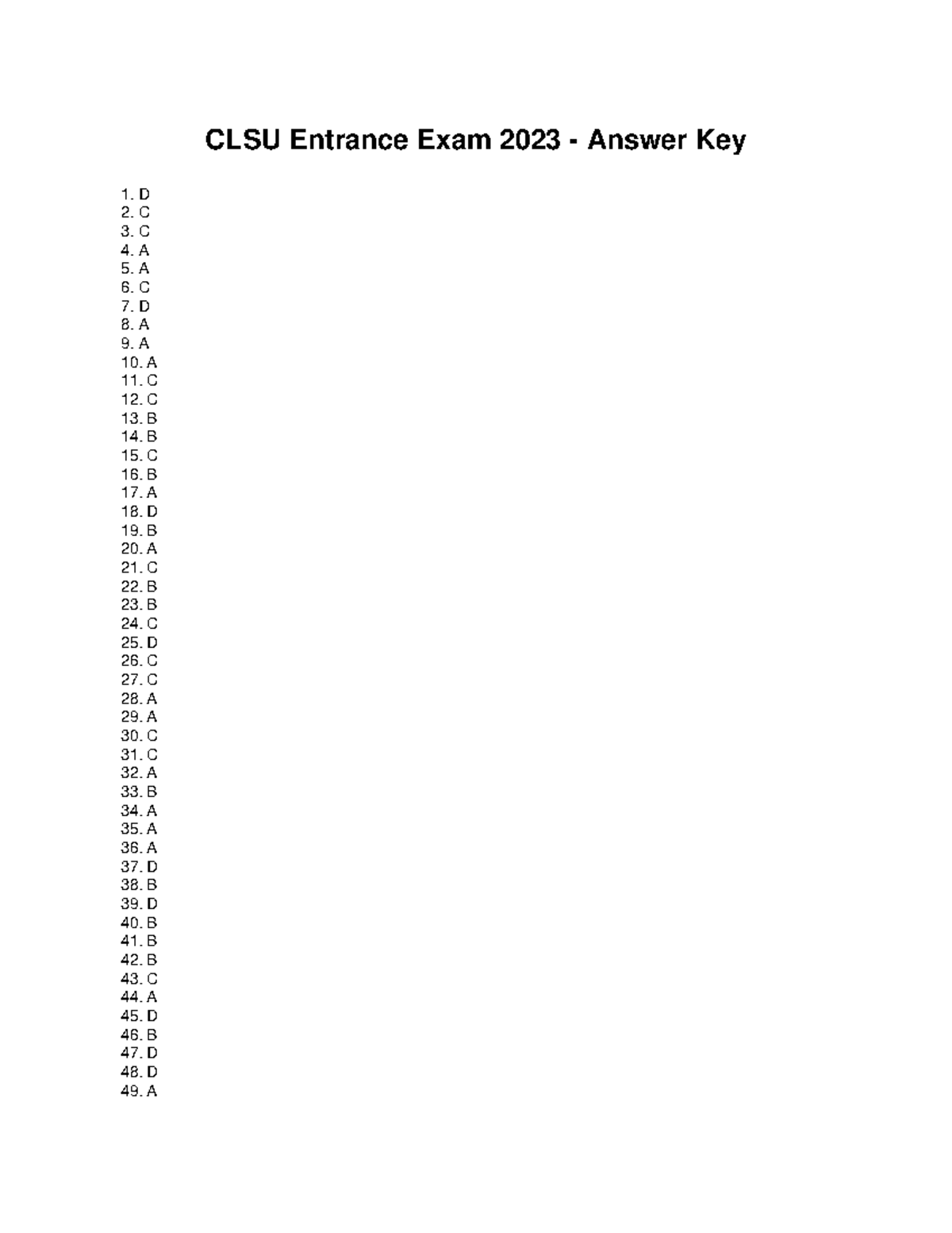CLSU Entrance Exam 2023 Complete Answer Key - Studocu