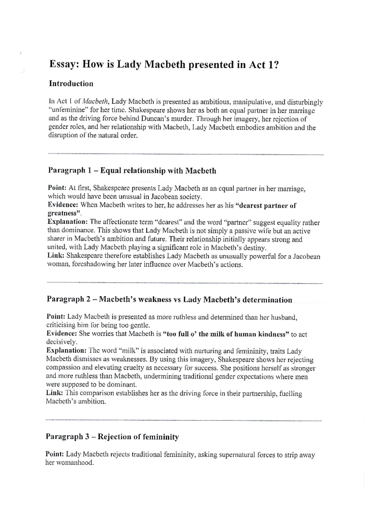 Lady Macbeth Essay Plan: Analyzing Act 1 Ambition and Power - Studocu