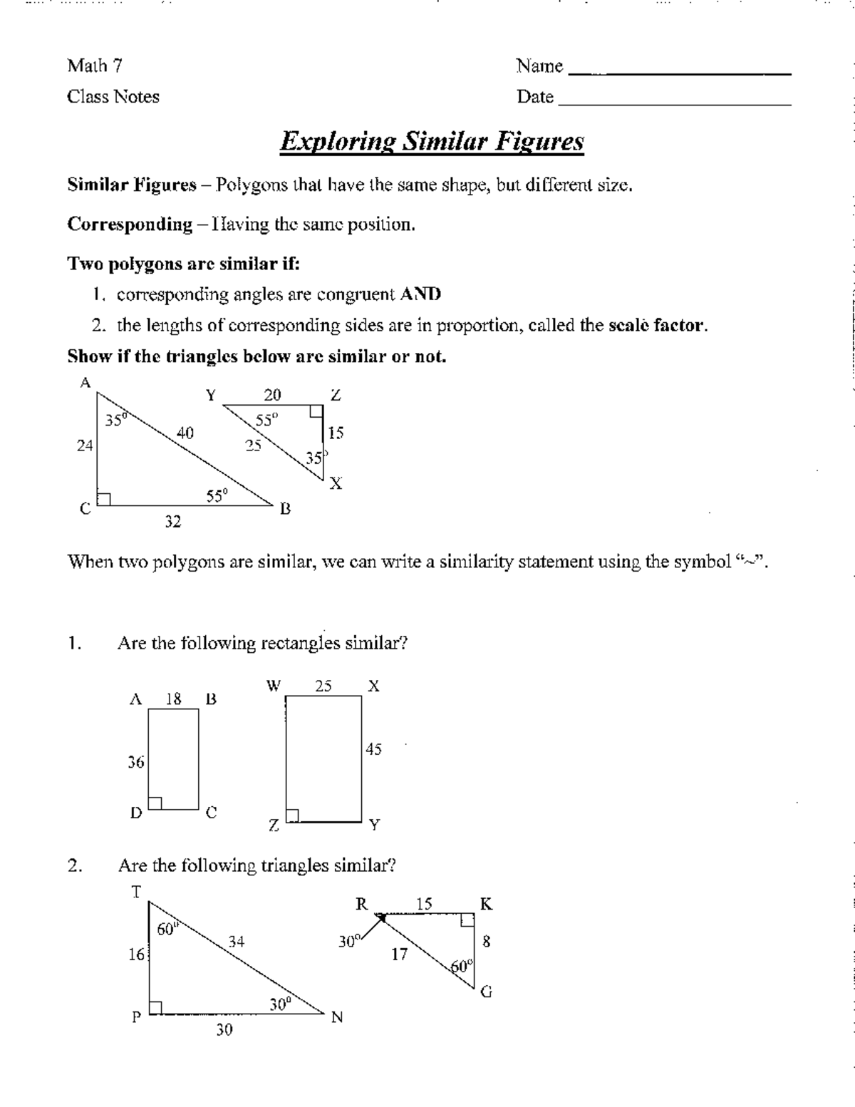 Similar Figures notes and Problems - Math 7 Name Class Notes Date ...