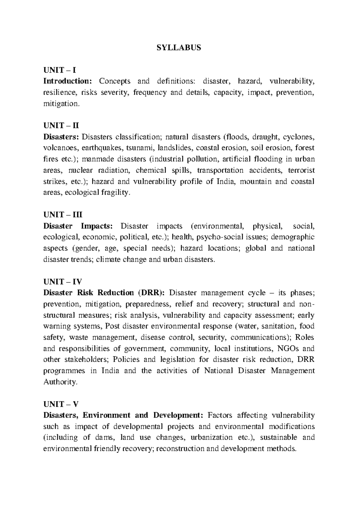 Disaster Preparedness & Planning Management Syllabus (Course Code ...