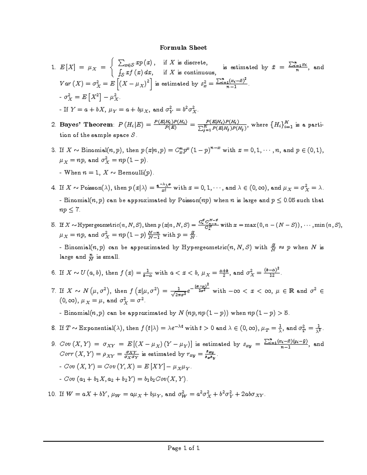 Midterm Formula Sheet for Statistics (P Pn xp) - Studocu