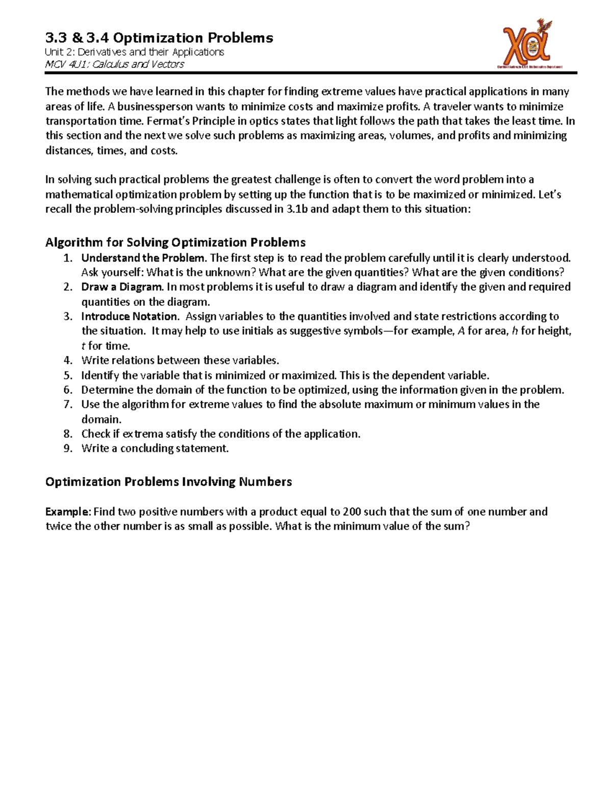 Optimization Problems in Calculus: MCV 4U1 Unit 2 Insights - Studocu