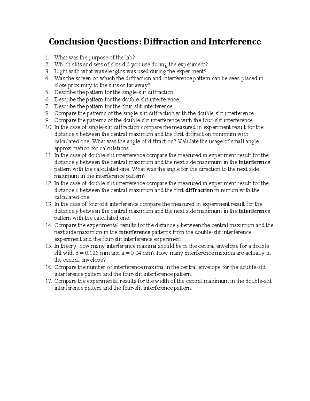 Concl Questions Diffraction - Conclusion Questions: Diffraction and ...