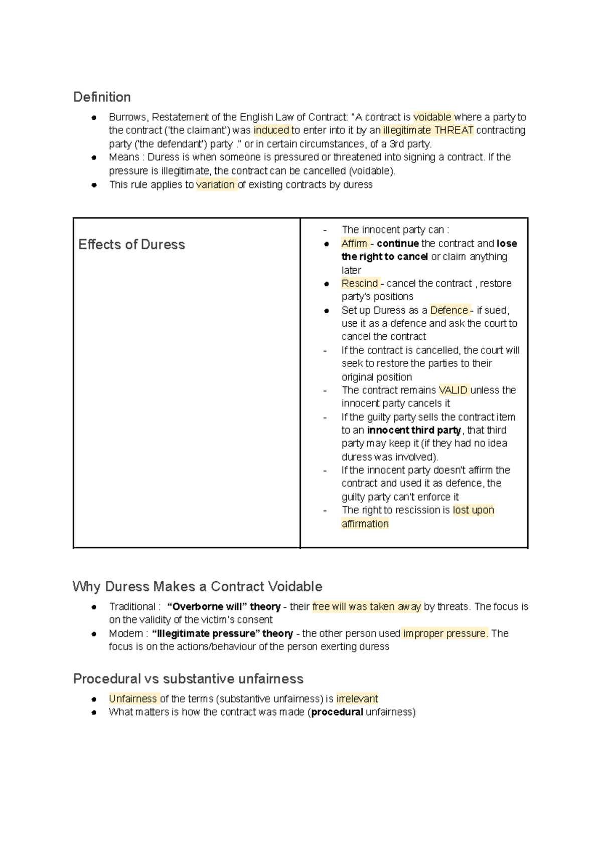 Contract Law: Understanding Duress and Its Effects on Validity - Studocu