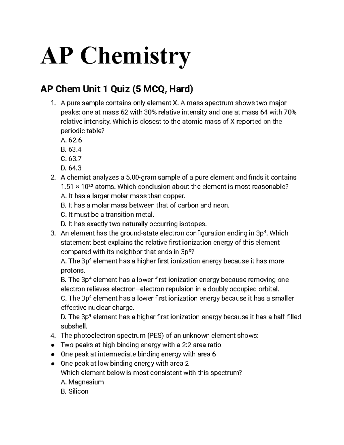AP Chem Unit 1 Quiz Review (5 MCQ, Hard) - Studocu