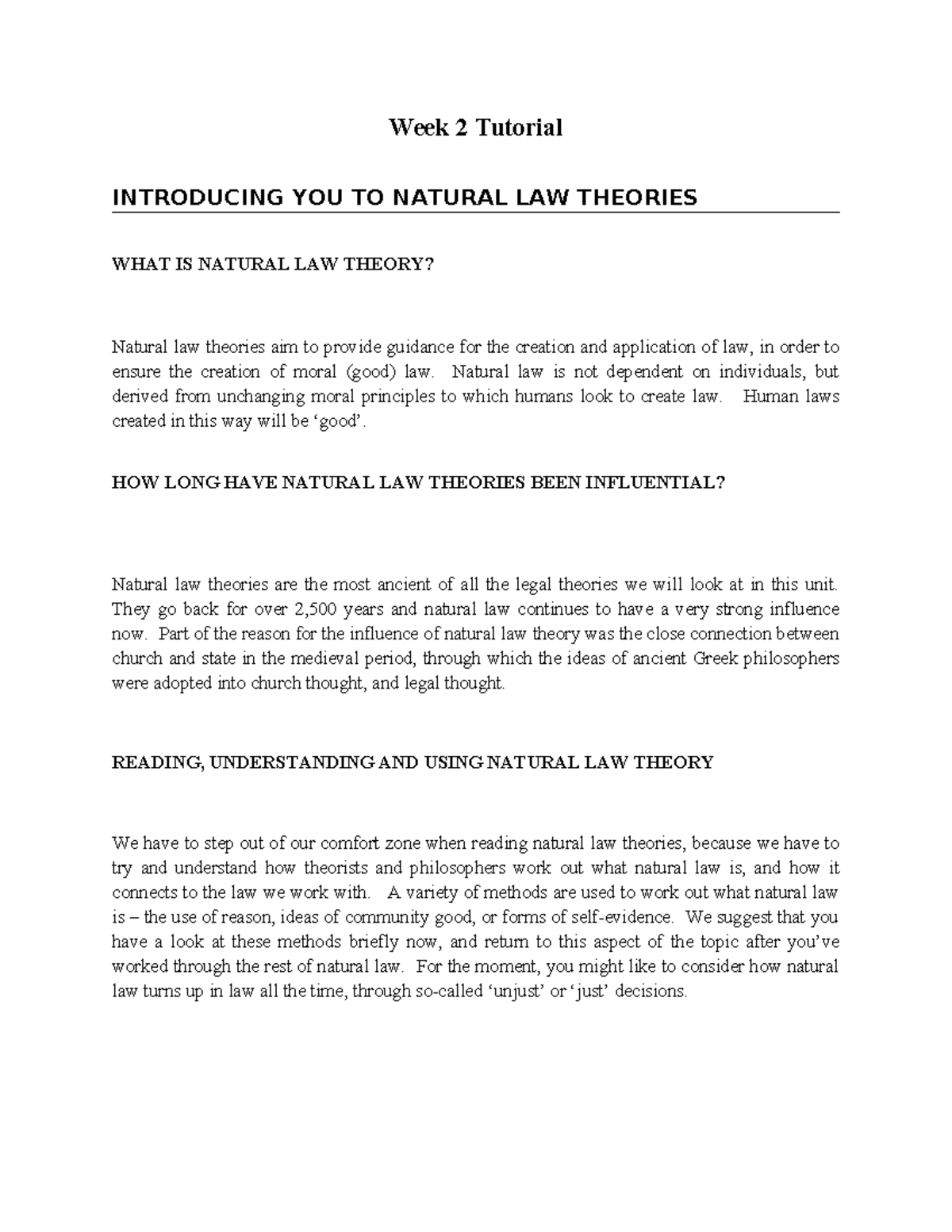 Week 2 Tutorial: Intro to Natural Law Theories and Their Impact - Studocu