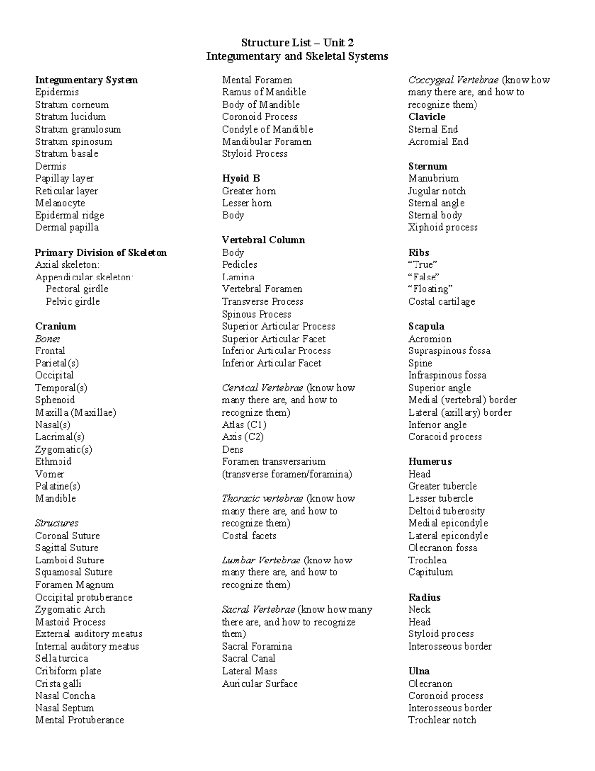 Integumentary & Skeletal Systems Study Guide (Unit 2) - Studocu