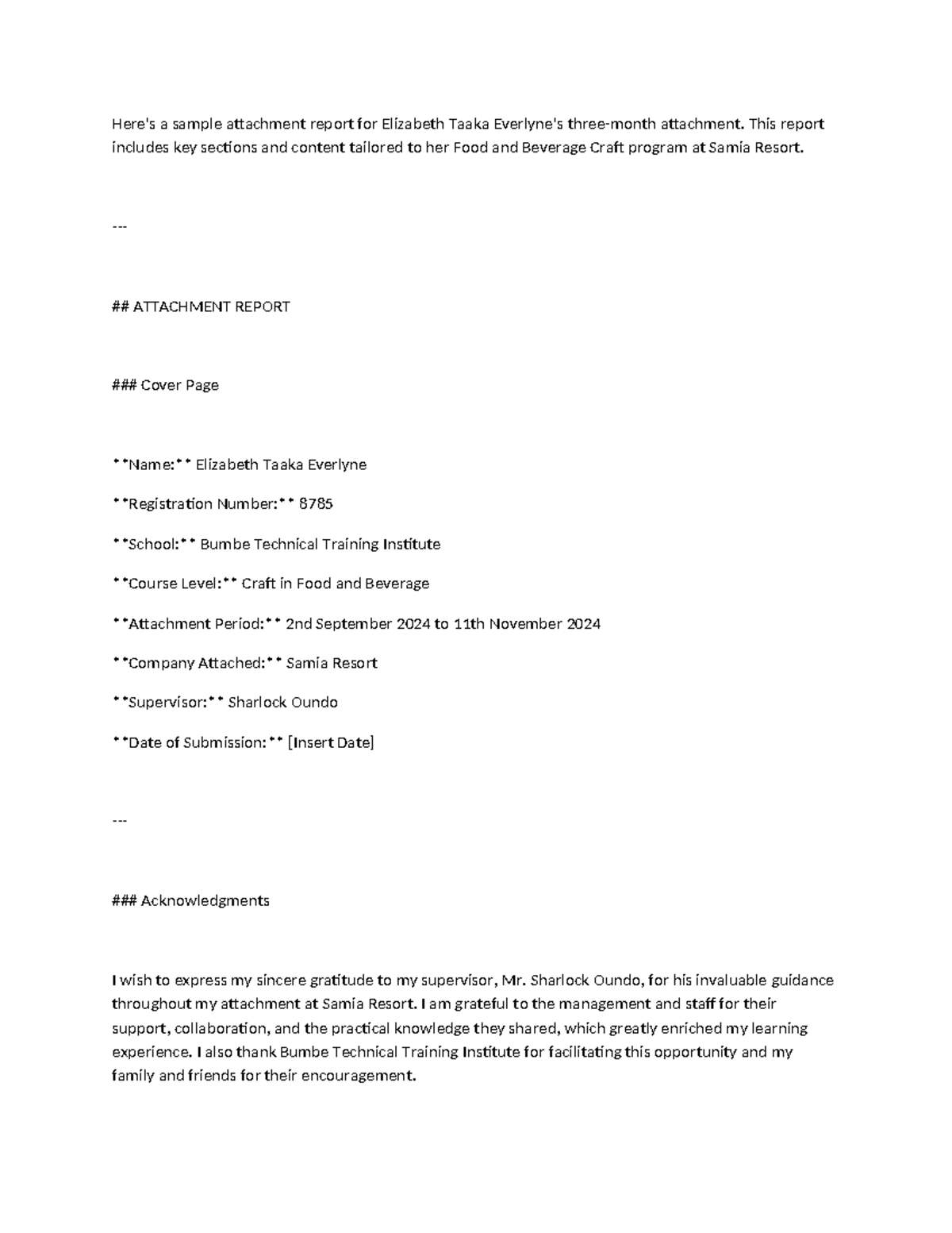 Attachment Report: Food & Beverage Craft Program at Samia Resort - Studocu