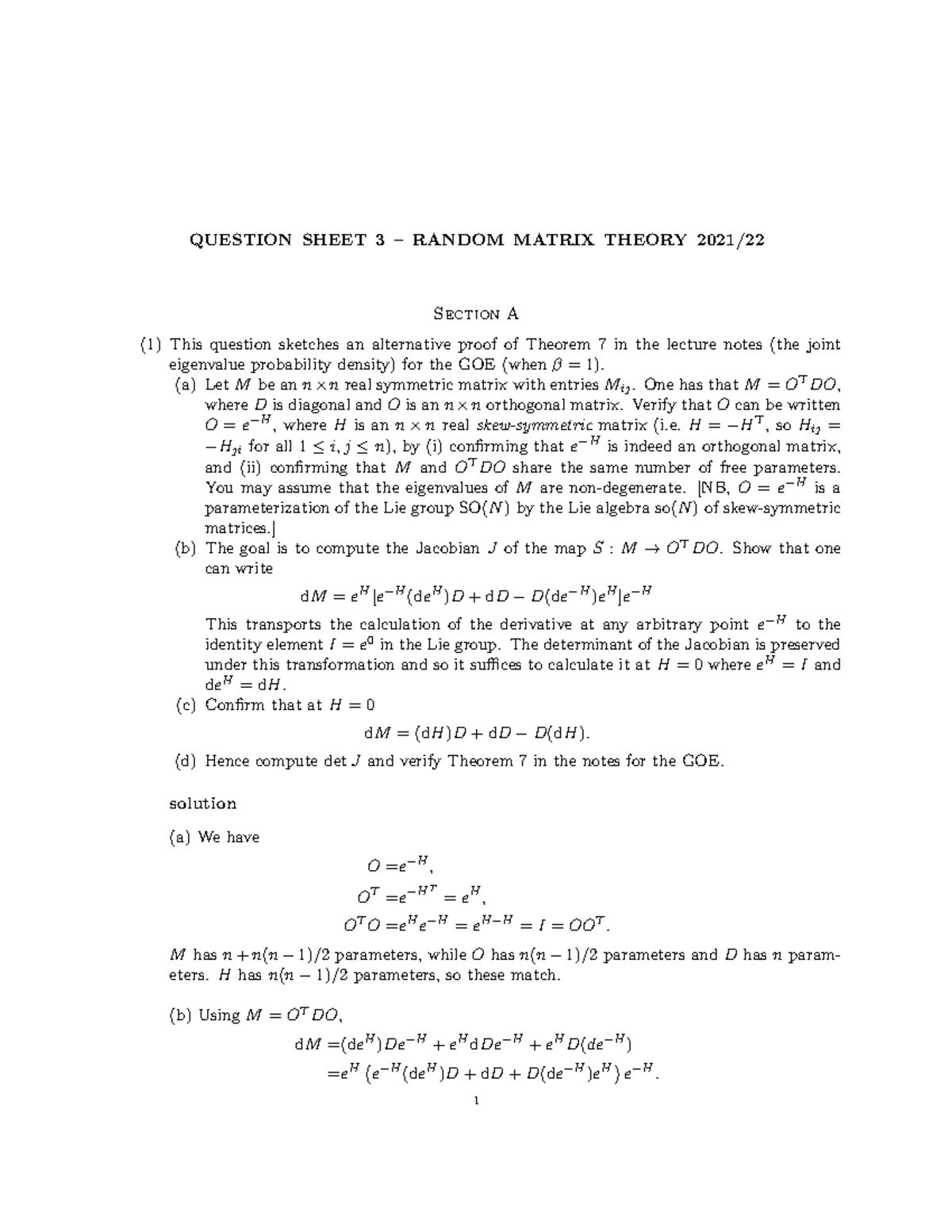 Question Sheet 3 - Random Matrix Theory (2021/22) - Studocu