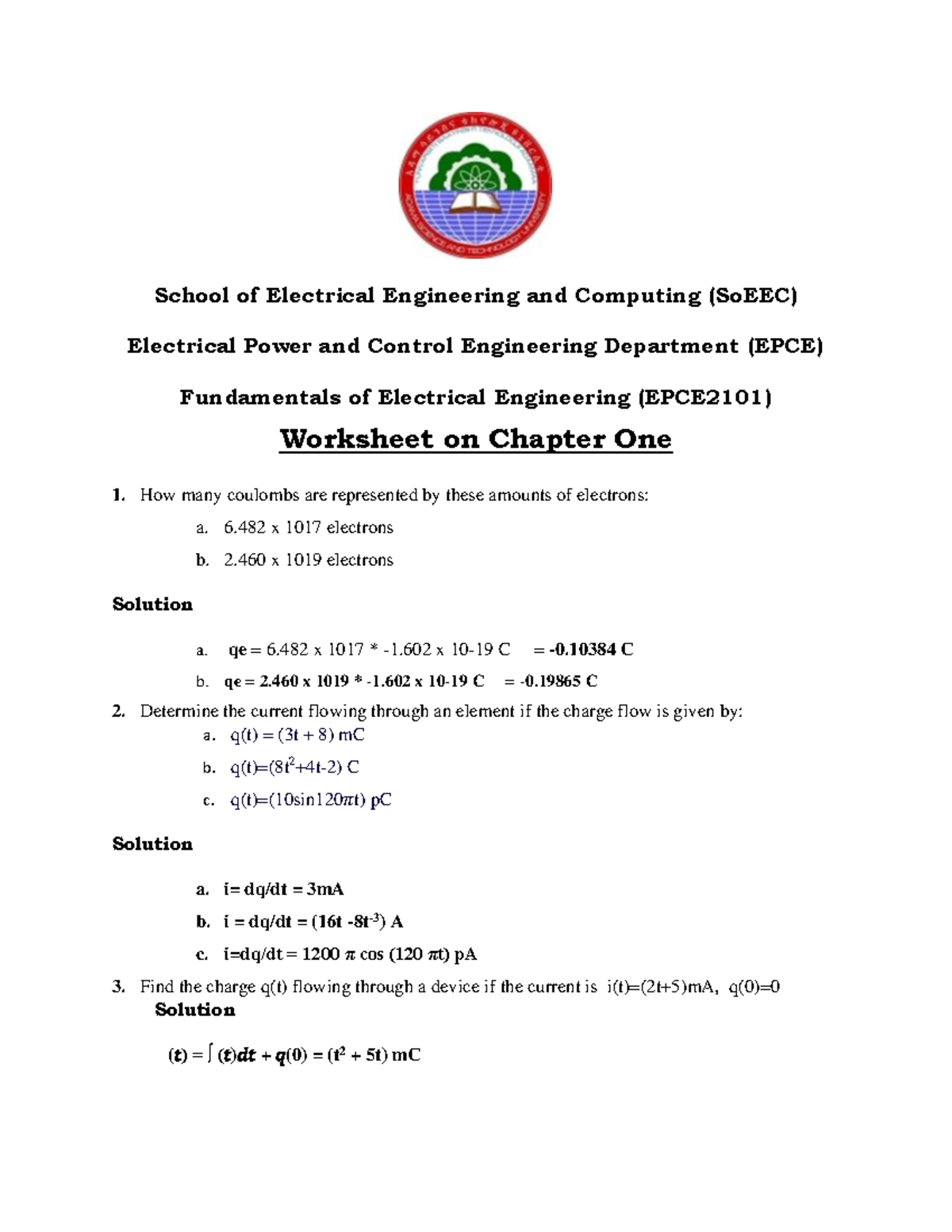 EPCE2101 Worksheet: Fundamentals of Electrical Engineering Chapter 1 ...