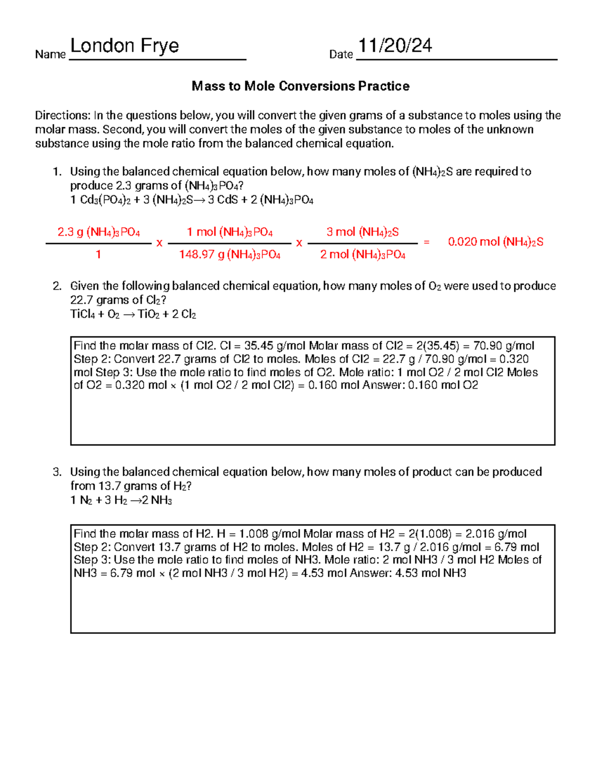 Mass to Mole Conversion Practice (Chem 101) - Studocu