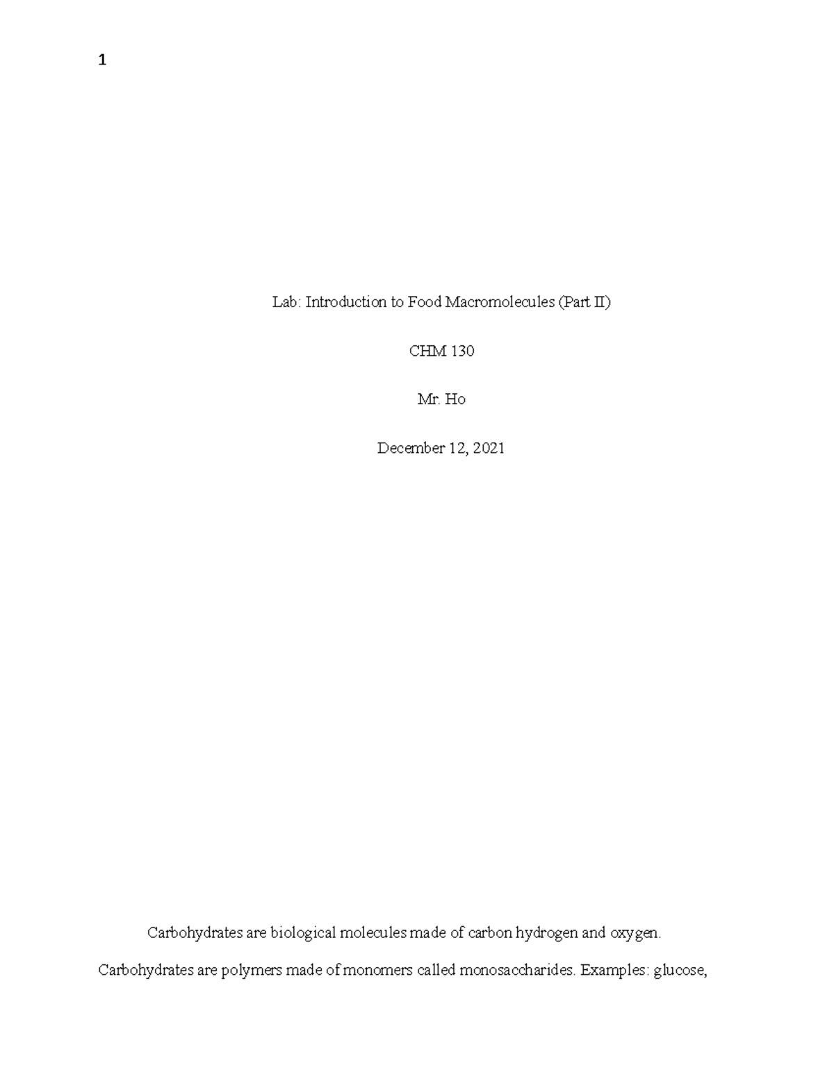 CHM 130 LAB Week 6 - Food Macromolecules Analysis and Tests - Studocu