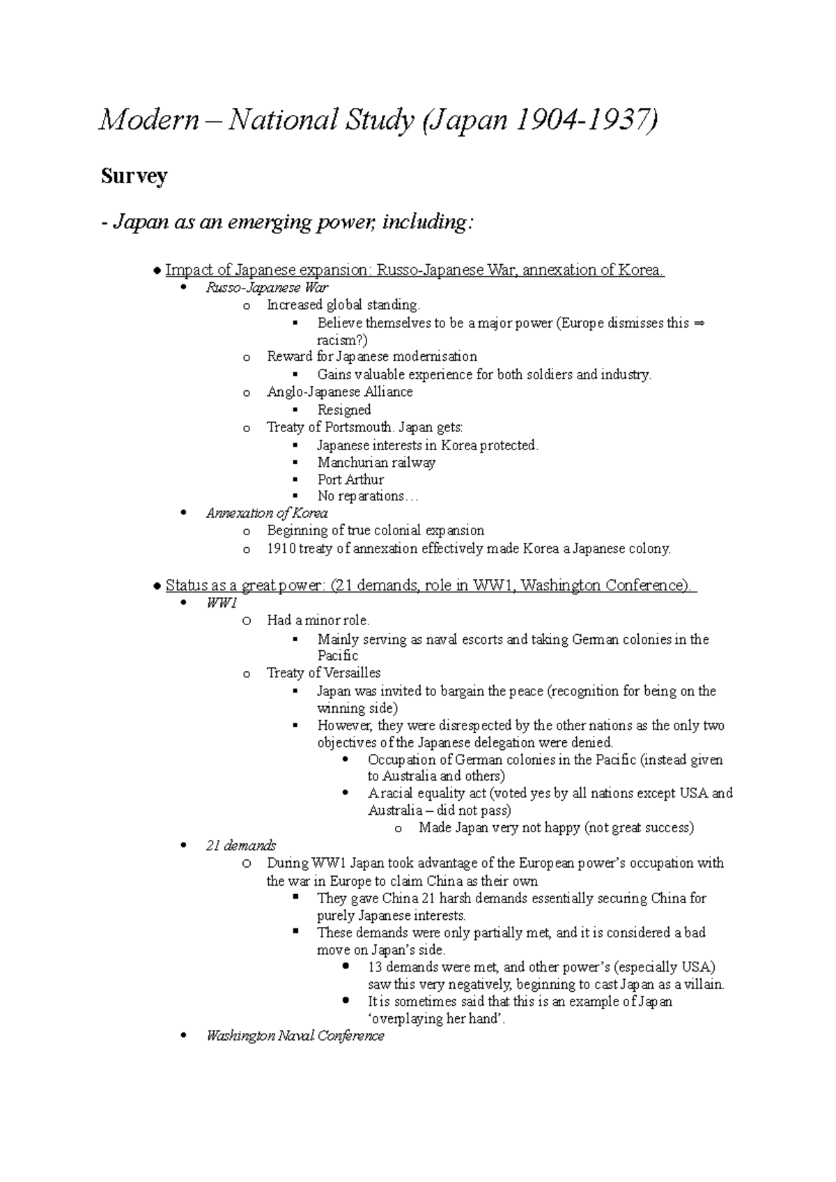 Japanese Case Study Notes: Modern National Study (1904-1937) - Studocu