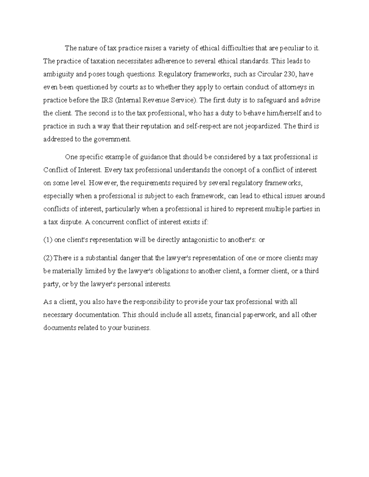 Mod 8 discussion federal taxation - The nature of tax practice raises a ...