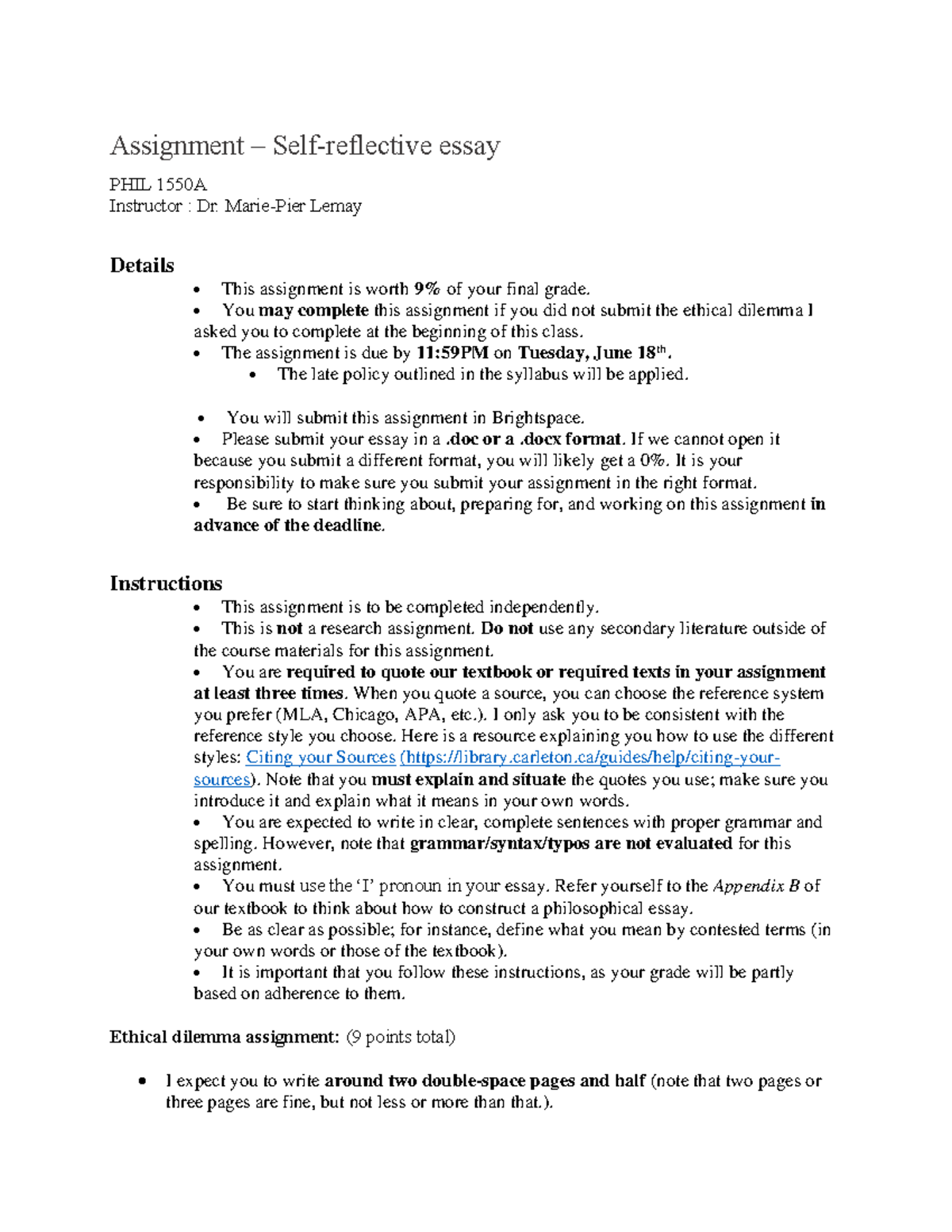 PHIL1550 - Assignment - Self-reflective essay - Assignment – Self ...