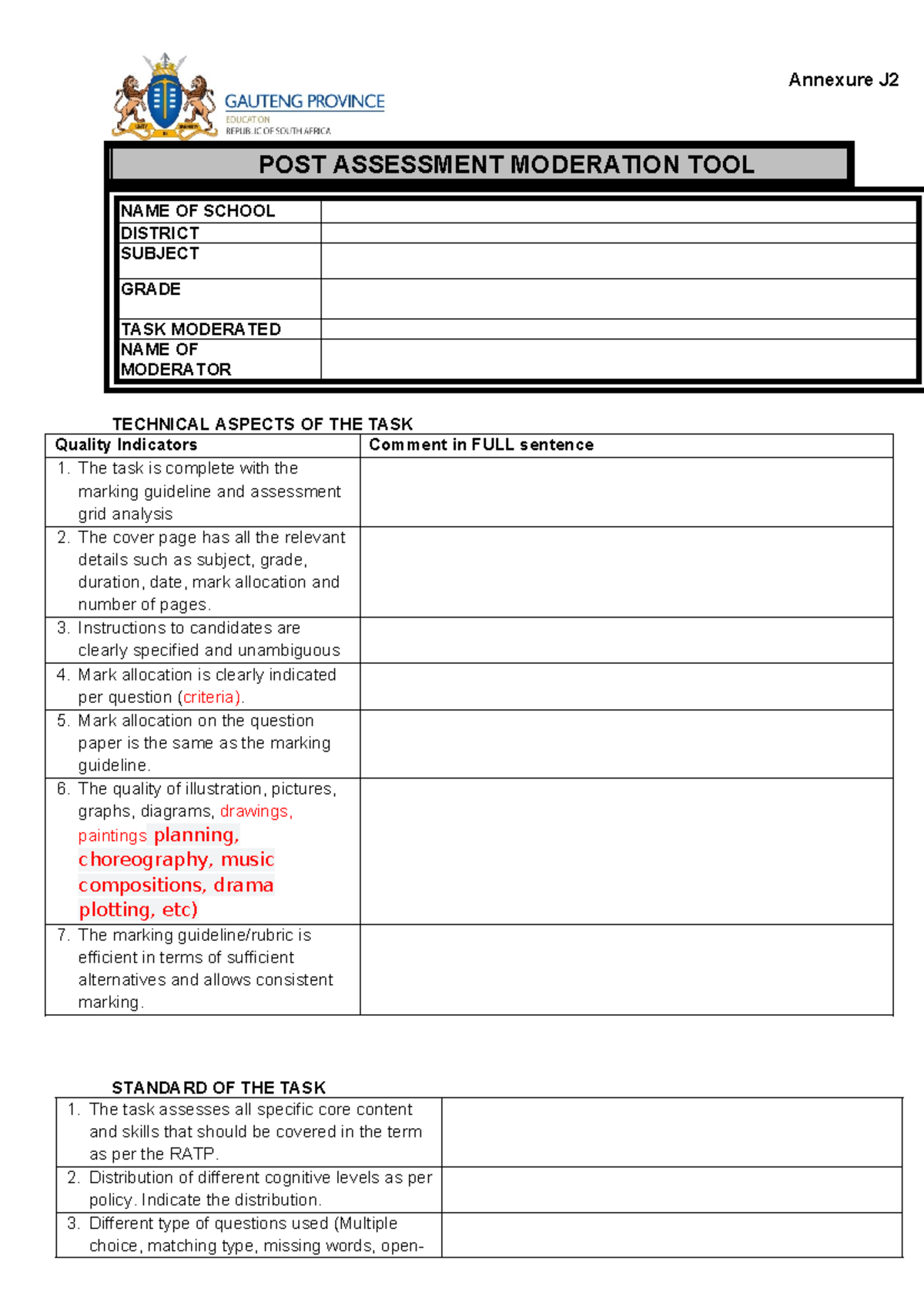 GDE GEC IP Post Assessment Moderation Tool Annexure J2 - Studocu