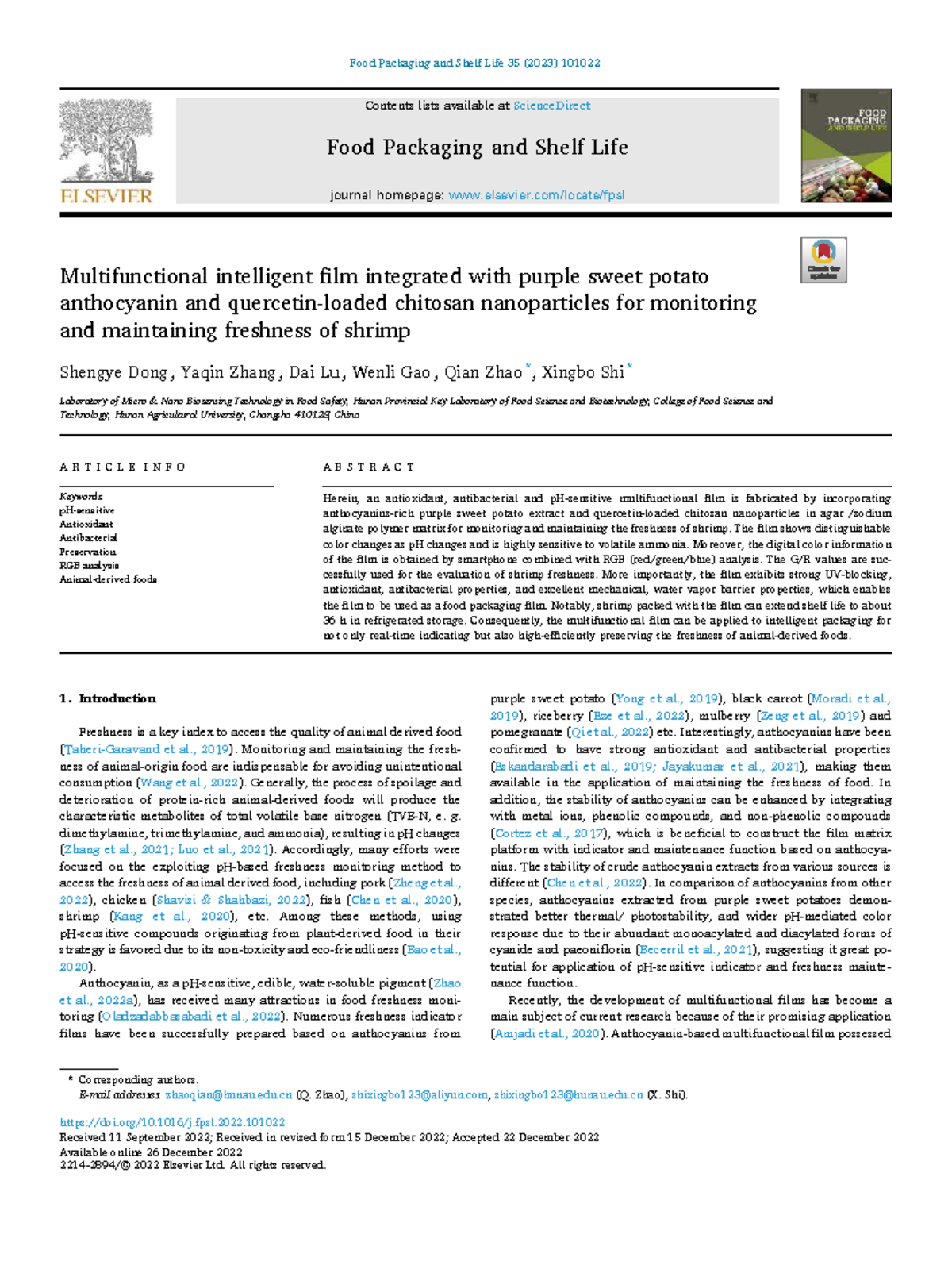 Multifunctional Intelligent Film for Shrimp Freshness Monitoring (FPL ...