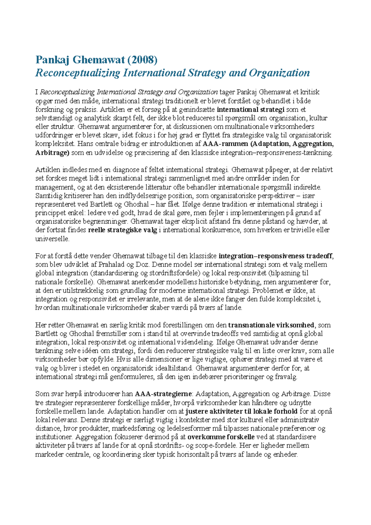 Pankaj Ghemawat (2008) Reconceptualizing Int. Strategy Insights - Studocu