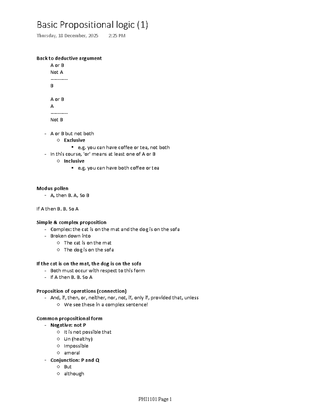 PHI1101 Lecture Notes: Basic Propositional Logic Concepts - Studocu