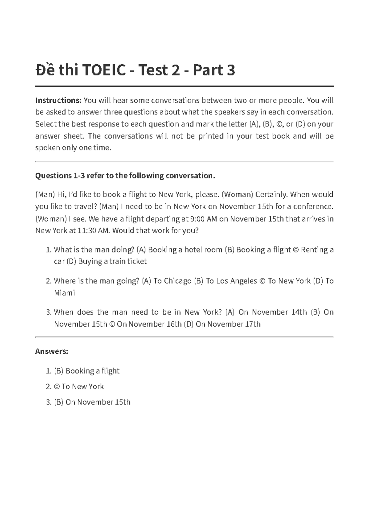 Đề thi TOEIC Test 2: Part 3 Conversations and Answers - Studocu