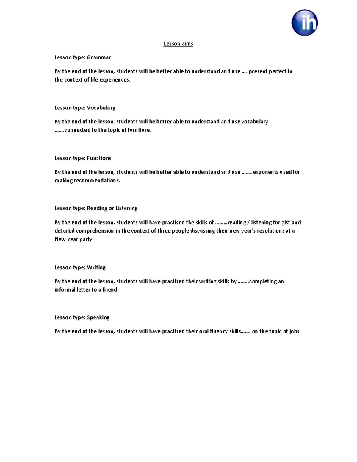 Lesson Aims Sheet: Grammar, Vocabulary, Functions, & Skills - Studocu