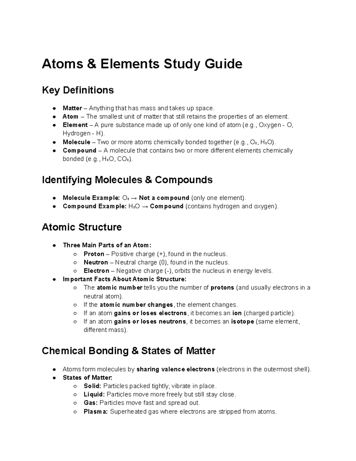 Atoms and Elements Study Guide: Key Concepts and Definitions - Atoms ...